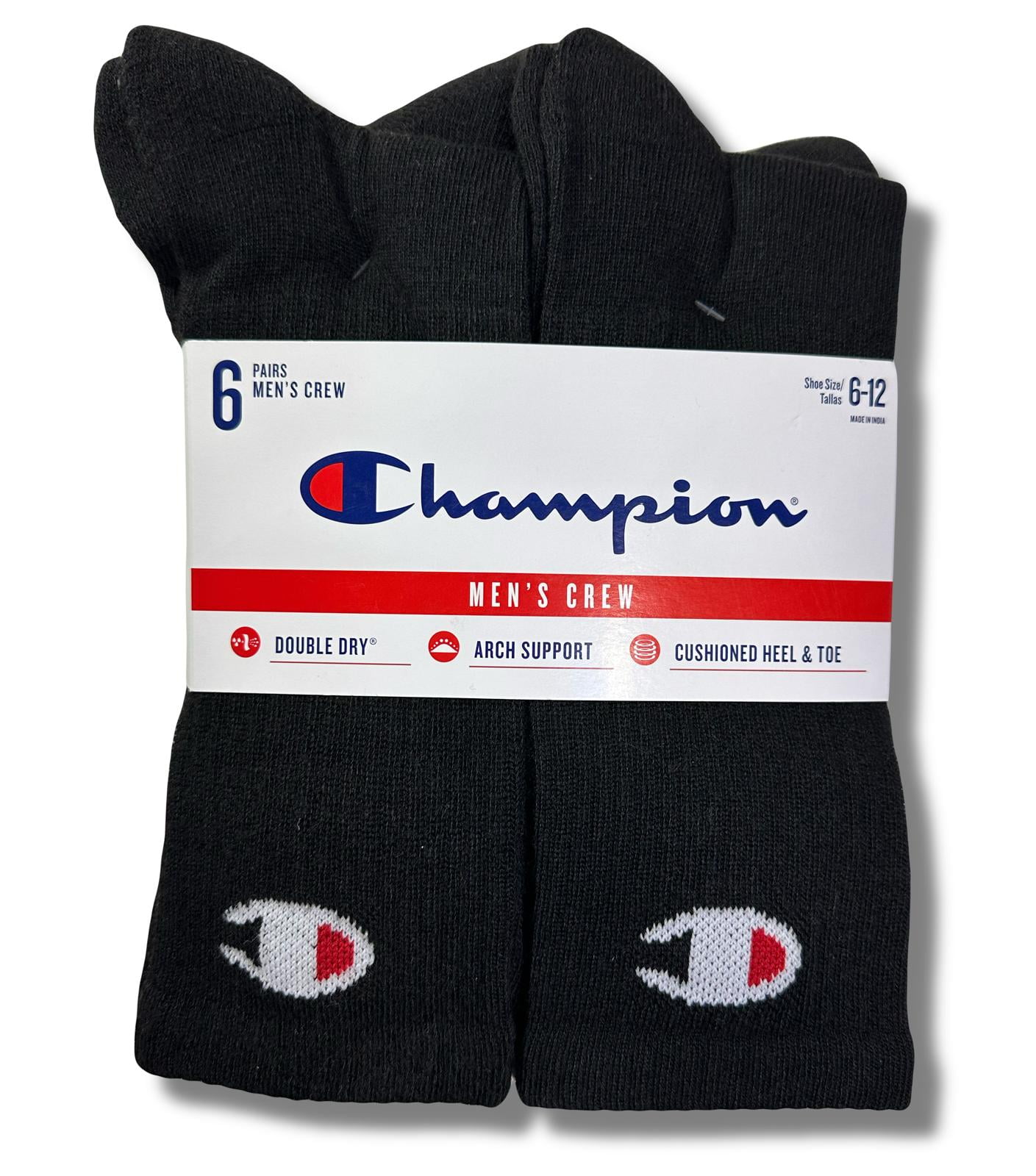 CHAMPION SOCKS MEN'S - CREW 253 - SOLID BLACK - LARGE (6-12) PACK 6 XX ...