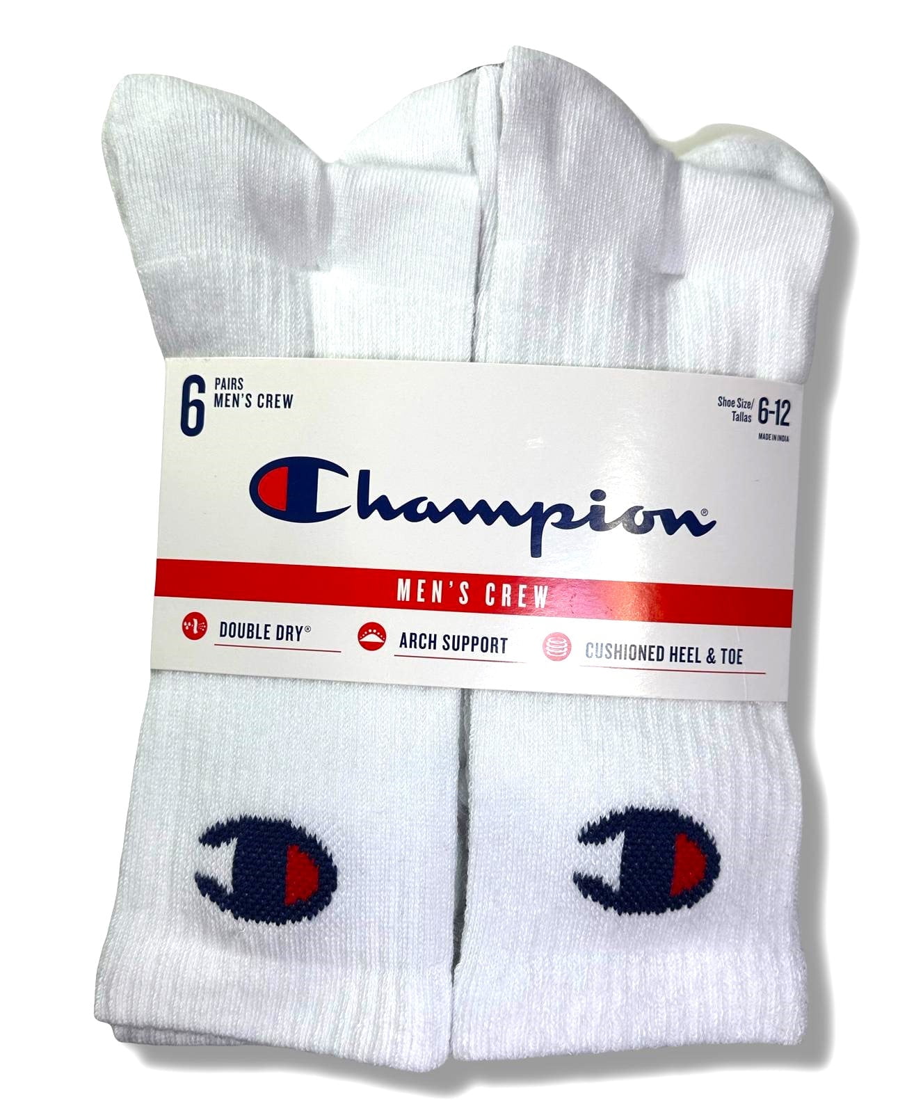 Champion Socks Men’s Crew 253 Solid White Large (6-12) pack of 6 ...