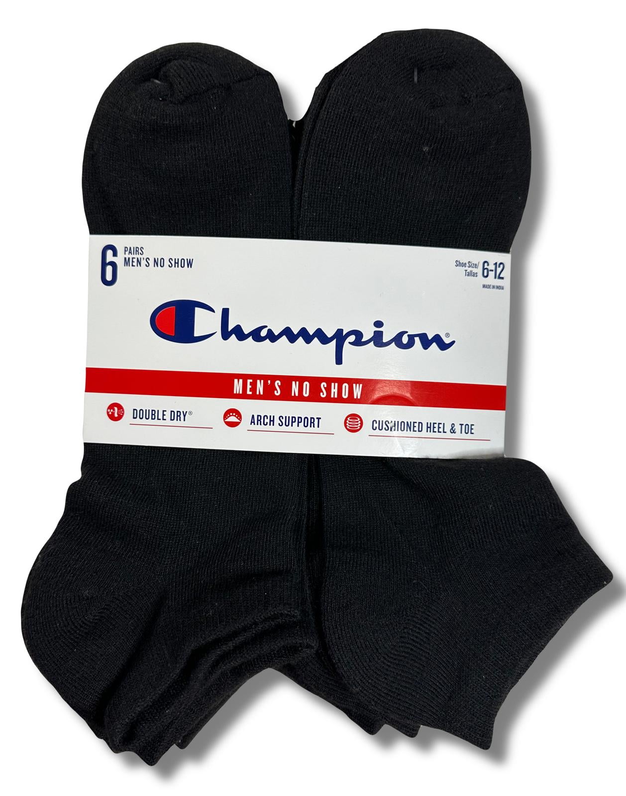 CHAMPION SOCKS MEN'S - NO SHOW - SOLID 253 - BLACK - LARGE (6-12) PACK ...