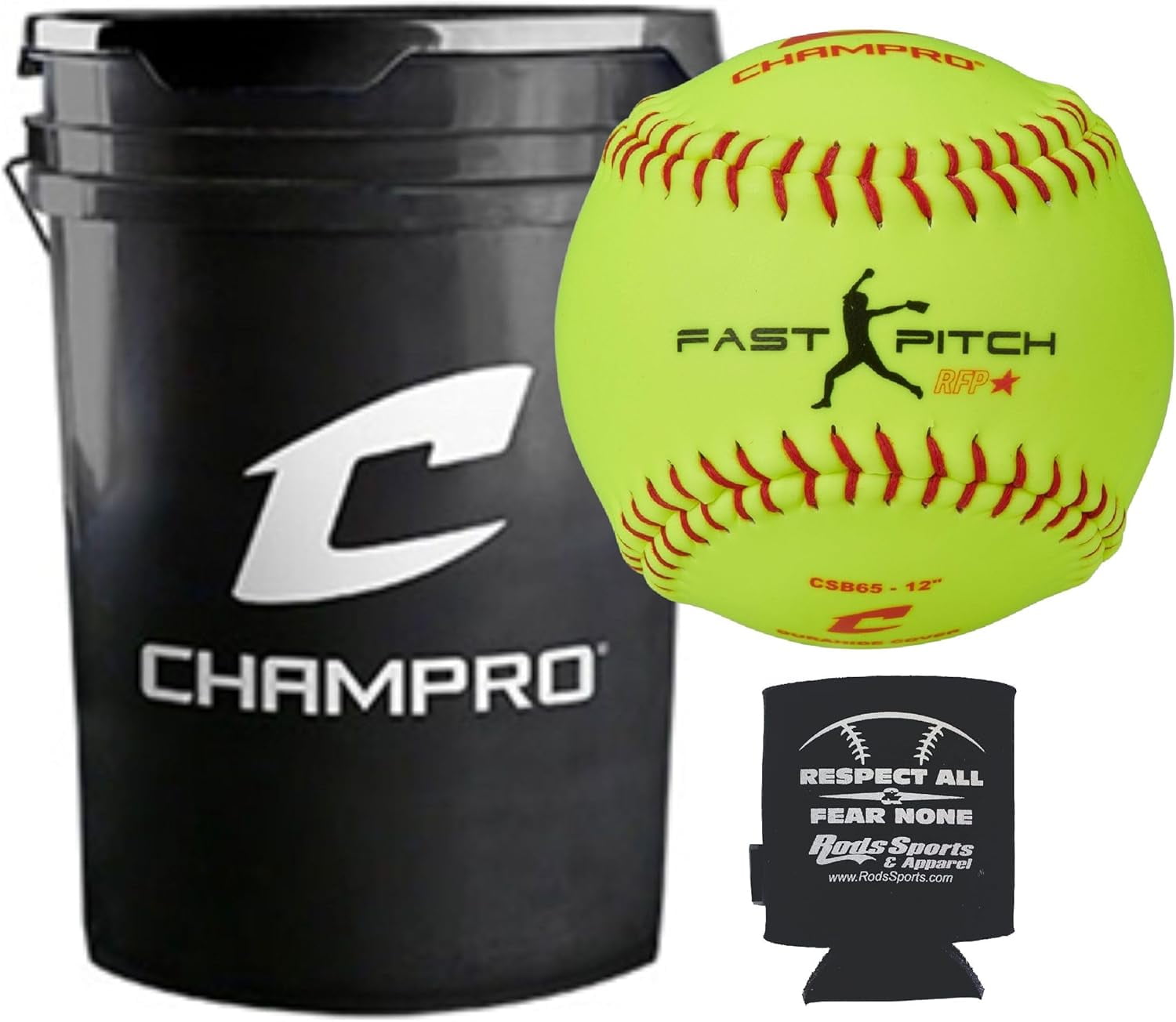 CHAMPRO CSB66 Durahide Cover 11" Practice Softballs in a Black Bucket ...