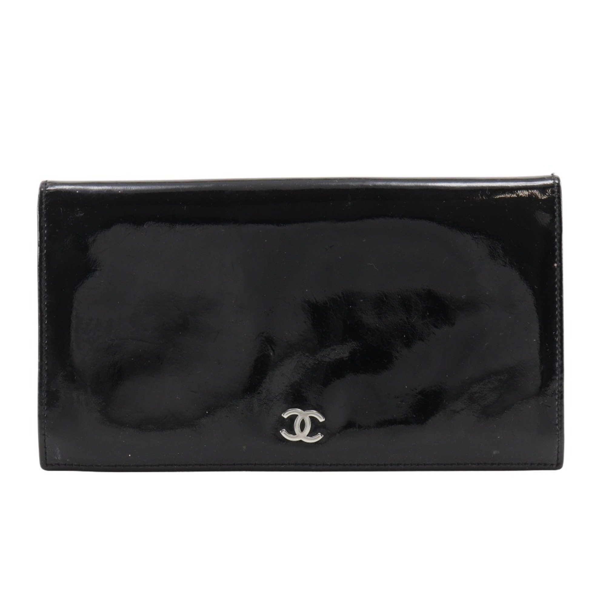 Pre-Owned CHANEL COCO Mark Long Wallet Bi-fold Patent Leather Black ...
