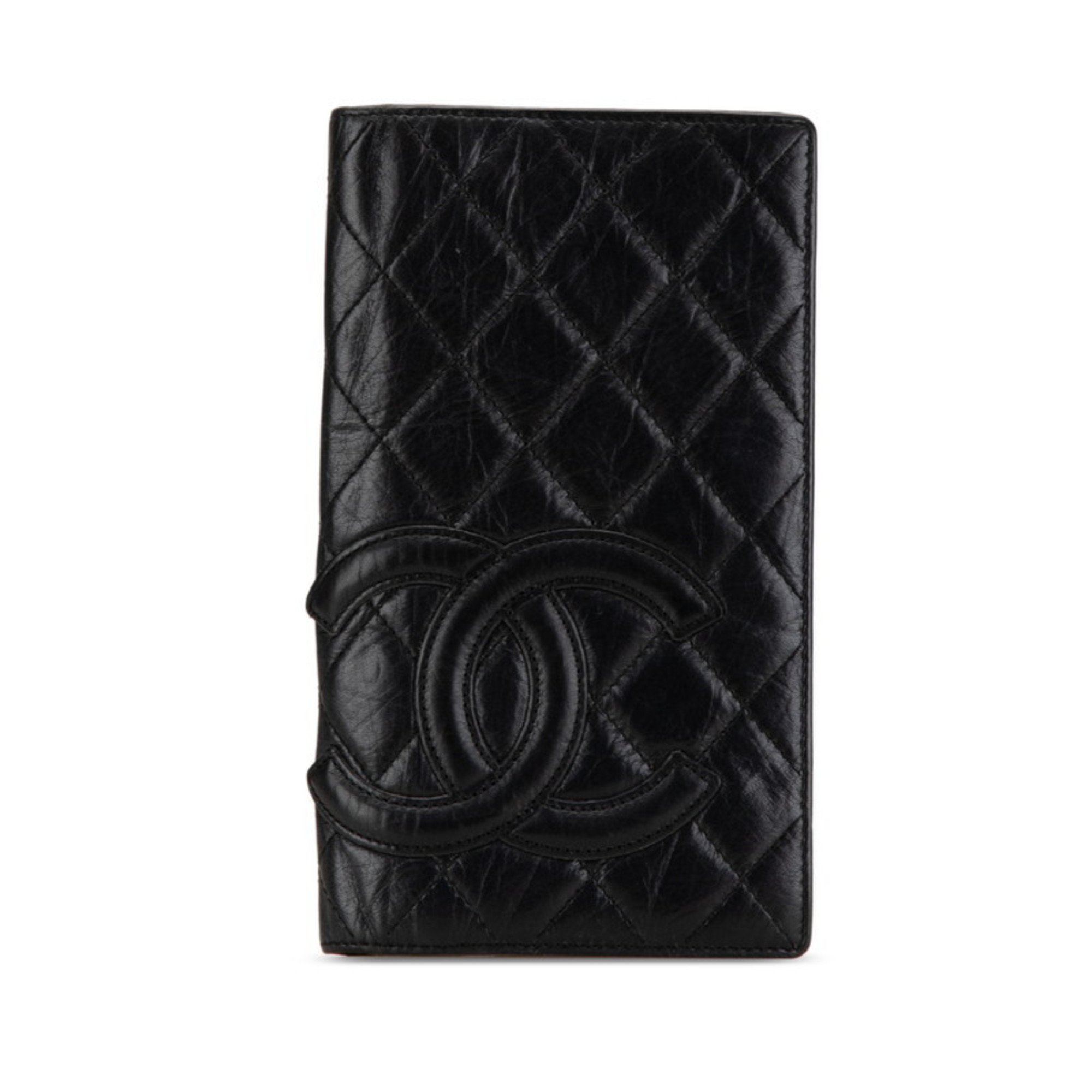 Pre-Owned CHANEL Cambon Line Coco Mark Long Wallet Black Lambskin Women ...