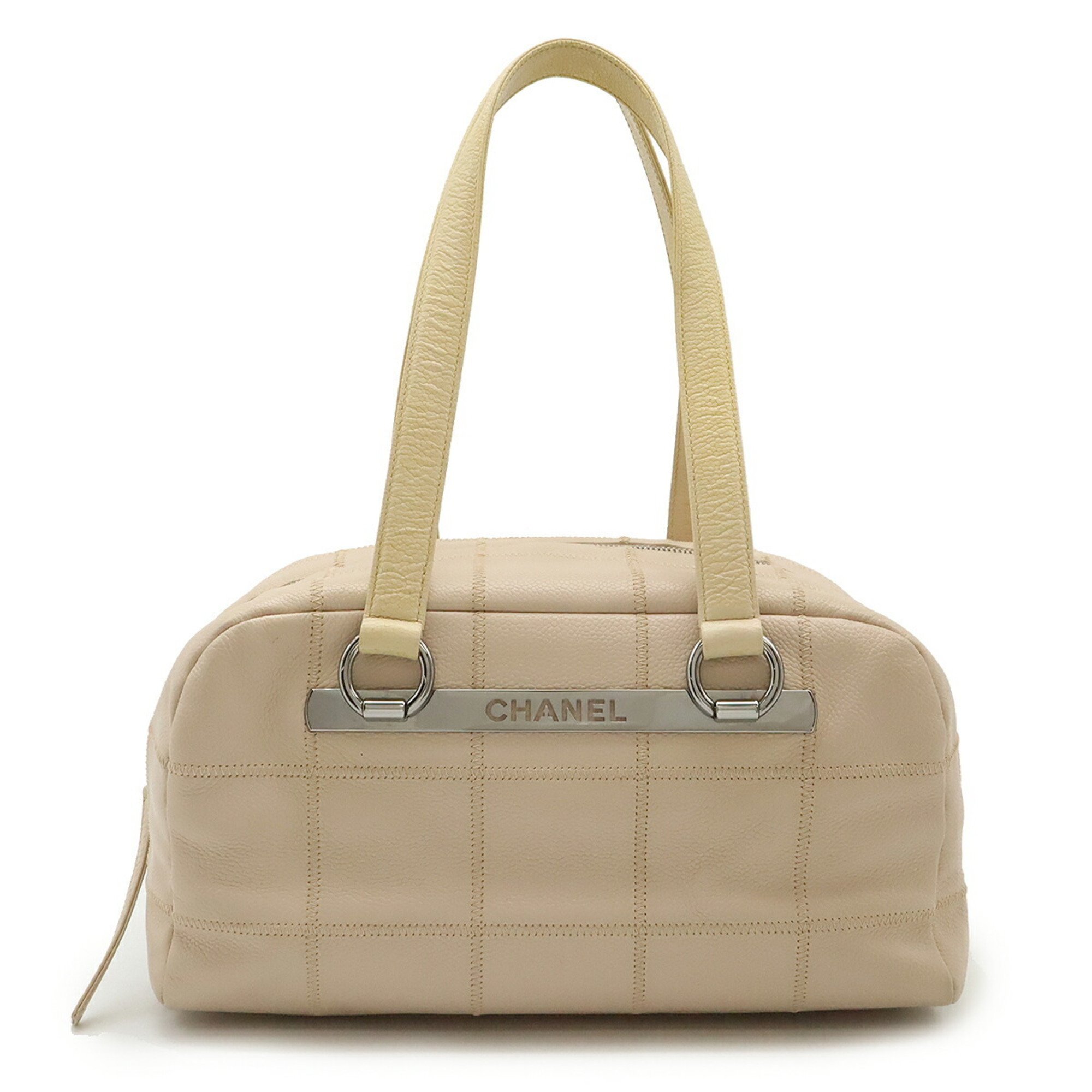 Pre-Owned CHANEL Chocolate Bar Boston Bag Shoulder Caviar Skin Leather ...