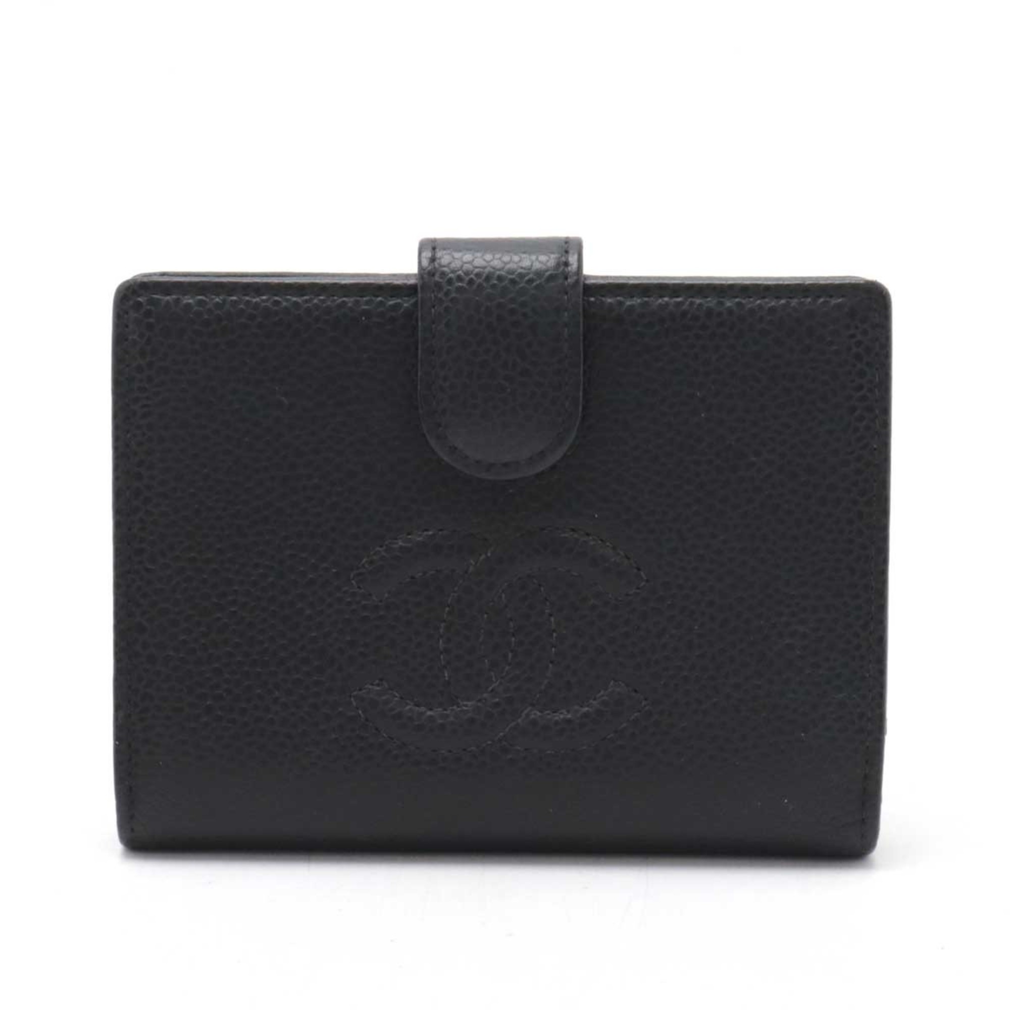 Pre-Owned CHANEL Coco Mark Caviar Skin Bi-fold Wallet Leather Black ...