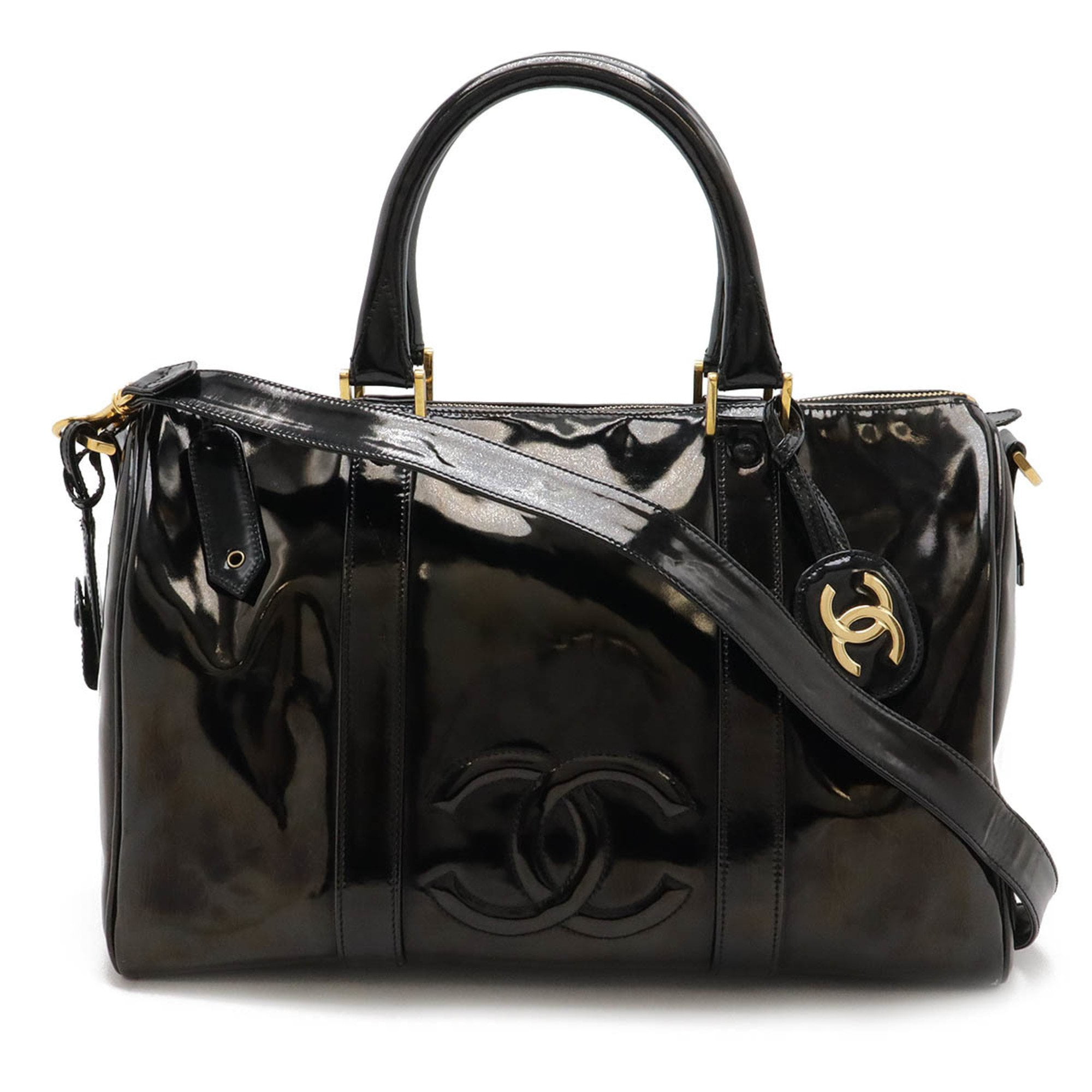 Pre-Owned CHANEL Coco Mark Handbag Boston Bag Shoulder Patent Leather ...