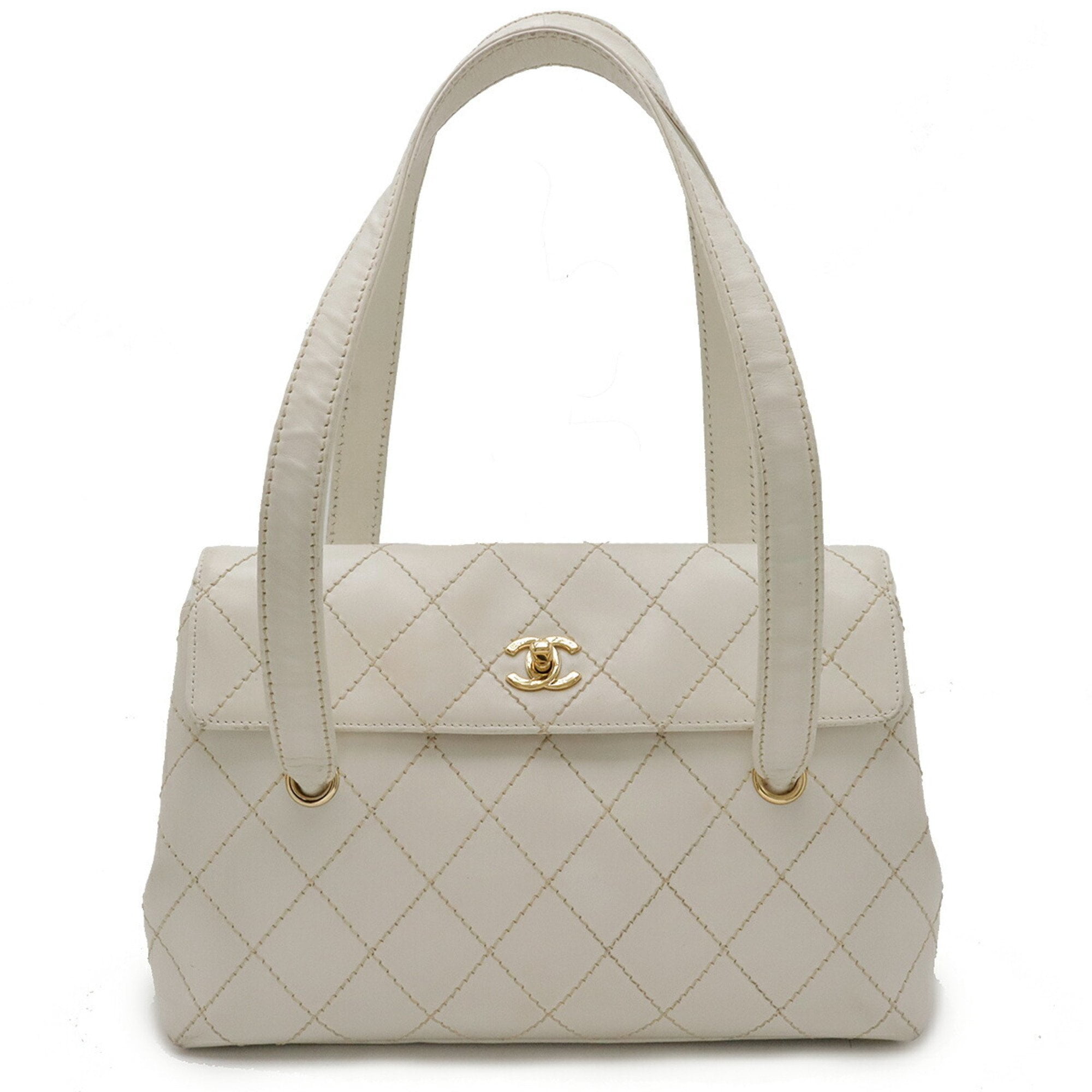 Pre-Owned CHANEL Wild Stitch Coco Mark Shoulder Bag Tote Leather White ...