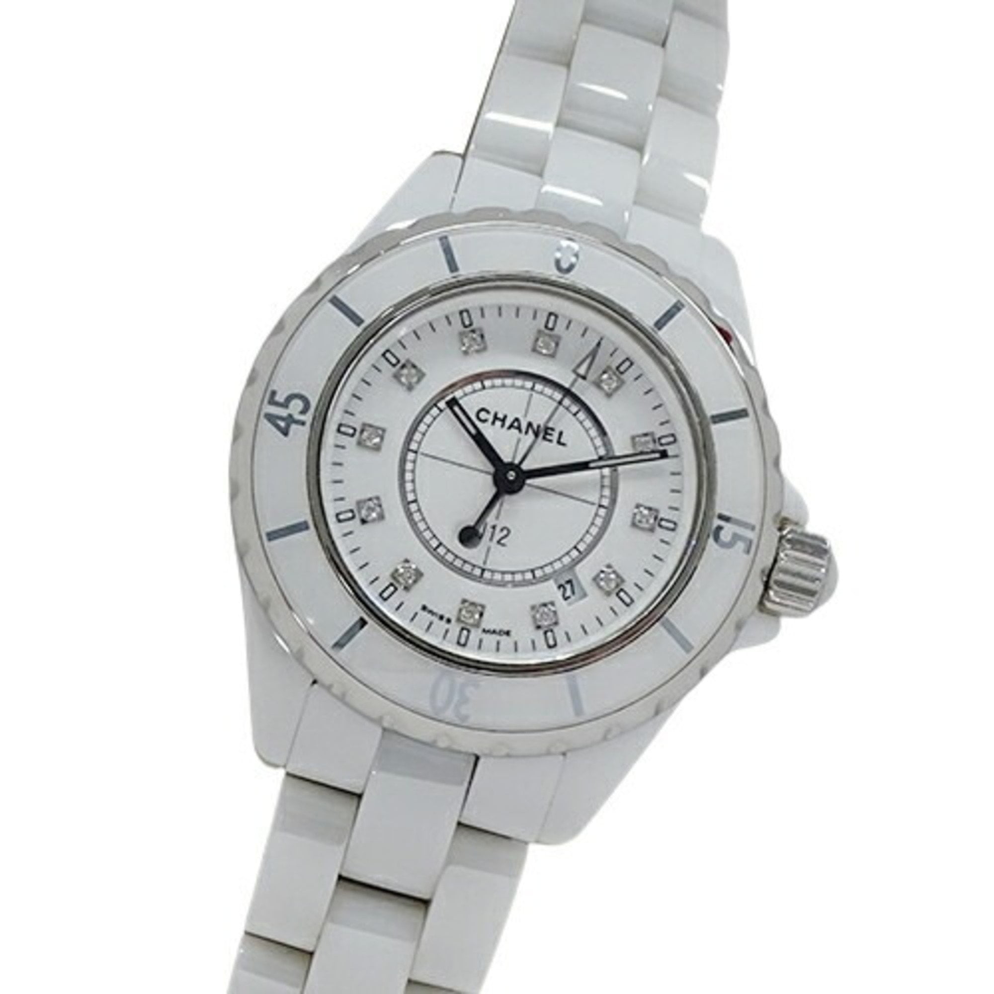 Pre-Owned CHANEL Women's Watch J12 12P Diamond Date Quartz Stainless Steel SS White... (Fair ...