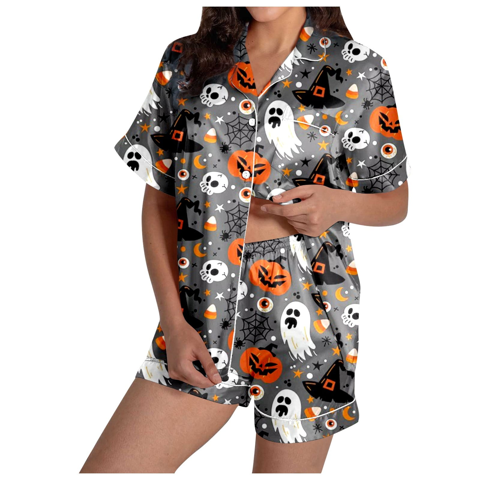 CHANGMOO Halloween Womens Silk Pajamas Horror Gohst Printed Shirt and ...