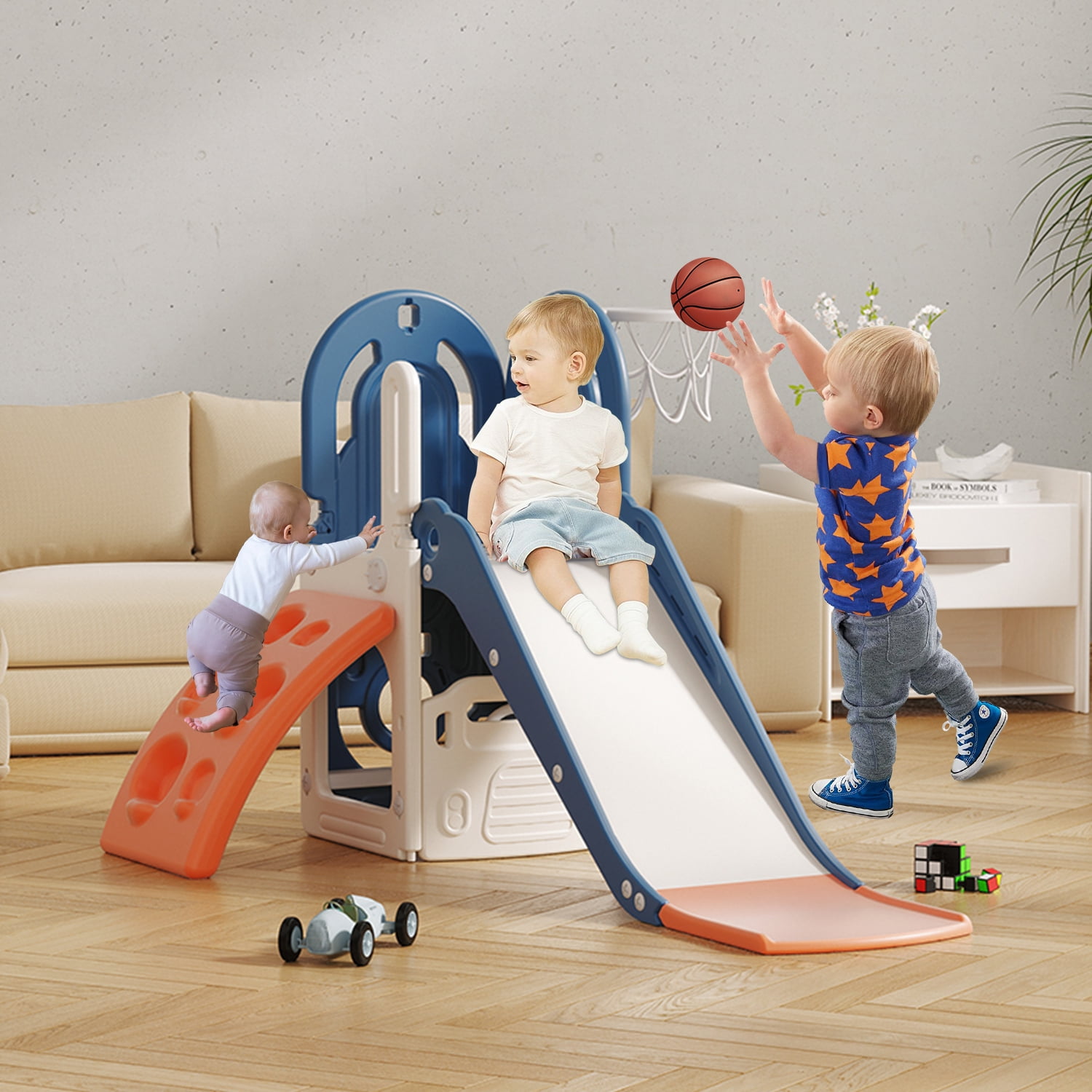 CHAOFEI 4-in-1 Toddler Slide with Basketball Hoop, Indoor Outdoor Playground Toy, 1 Pack ...