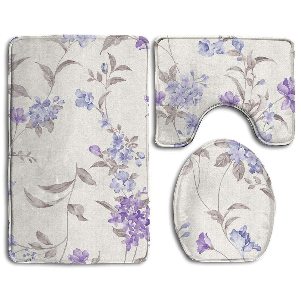 CHAPLLE Bath Rug Set Floral Purple Lavender 3 Piece Bathroom Rugs Set ...