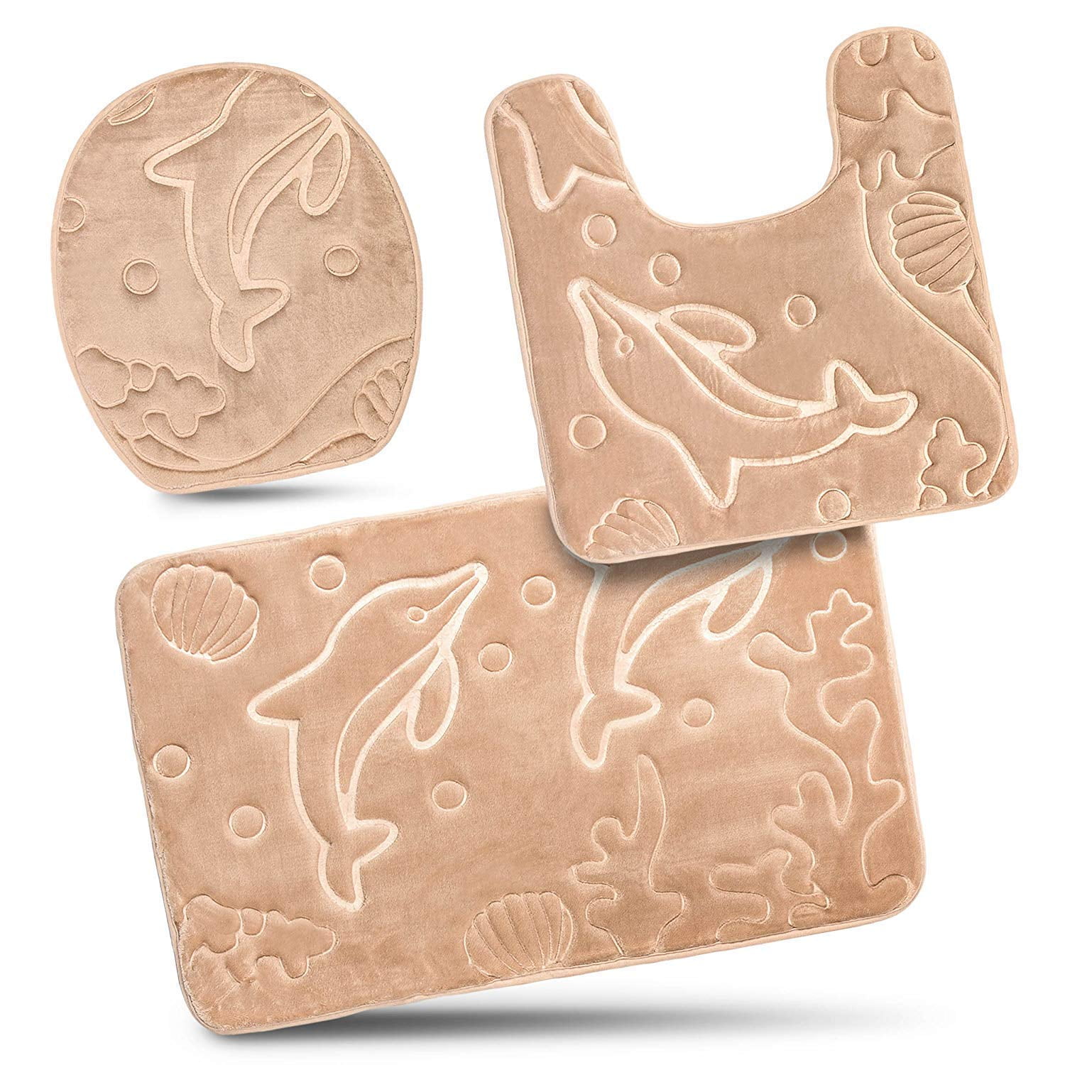 CHAPLLE Beige Dolphins 3 Piece Bathroom Rugs Set Bath Rug Contour Mat ...