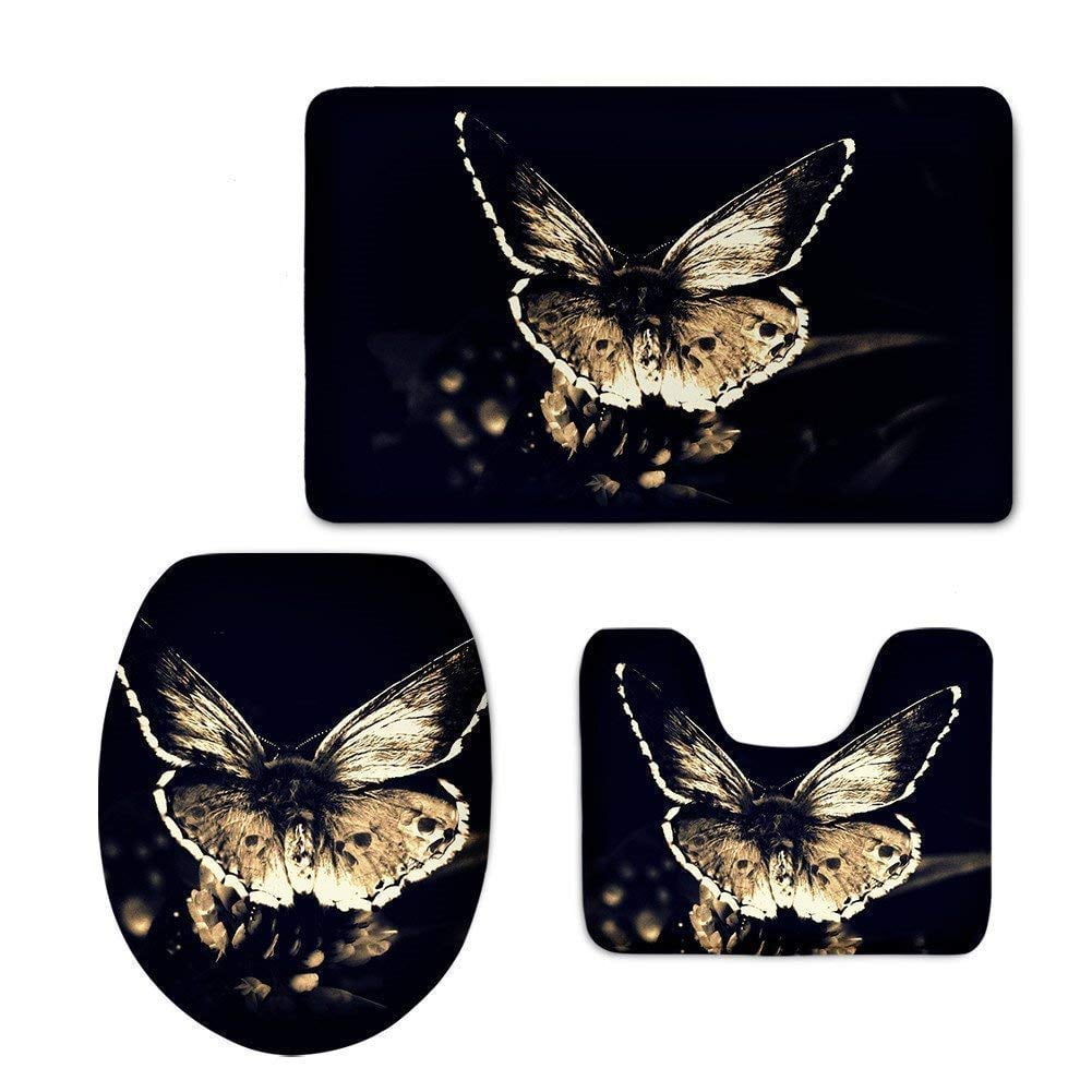 CHAPLLE Black Butterfly 3 Piece Bathroom Rugs Set Bath Rug Contour Mat ...