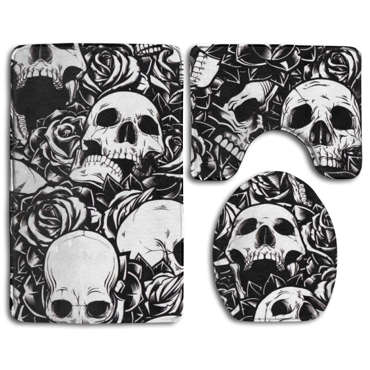 CHAPLLE Black Floral Skull 3 Piece Bathroom Rugs Set Bath Rug Contour ...