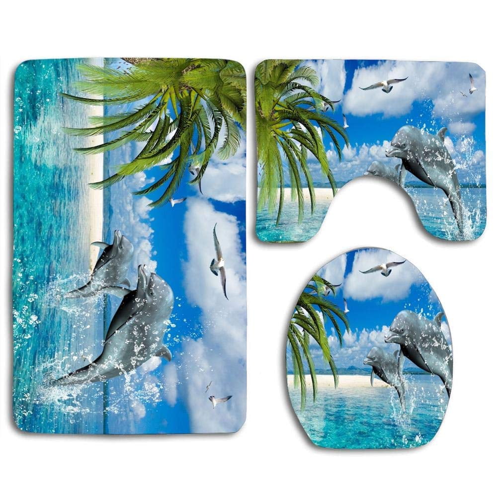 CHAPLLE Blue Beach Sky Tropicfal Dolphin 3 Piece Bathroom Rugs Set Bath ...