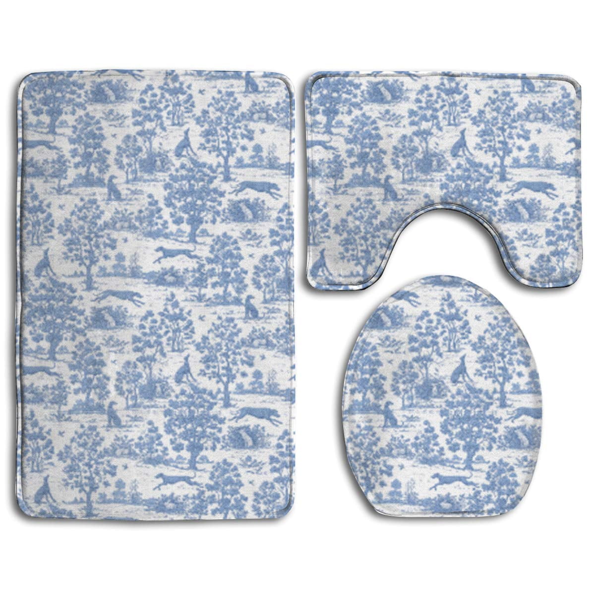 CHAPLLE Blue Greyhound Toile 3 Piece Bathroom Rugs Set Bath Rug Contour ...