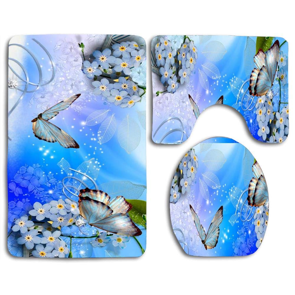 CHAPLLE Butterflies Flowers 3 Piece Bathroom Rugs Set Bath Rug Contour ...