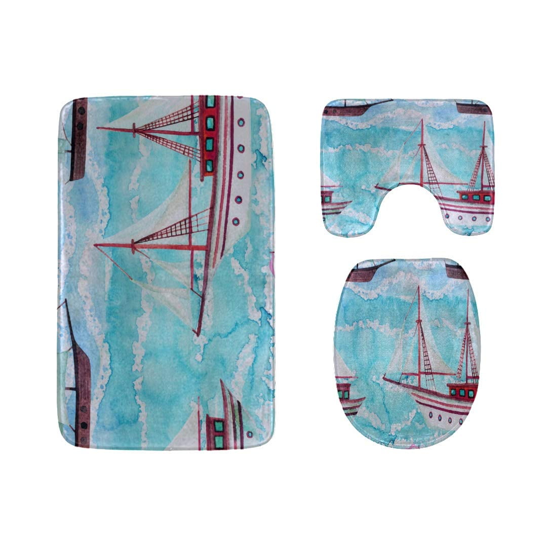 CHAPLLE Cartoon Waves and Ships 3 Piece Bathroom Rugs Set Bath Rug ...