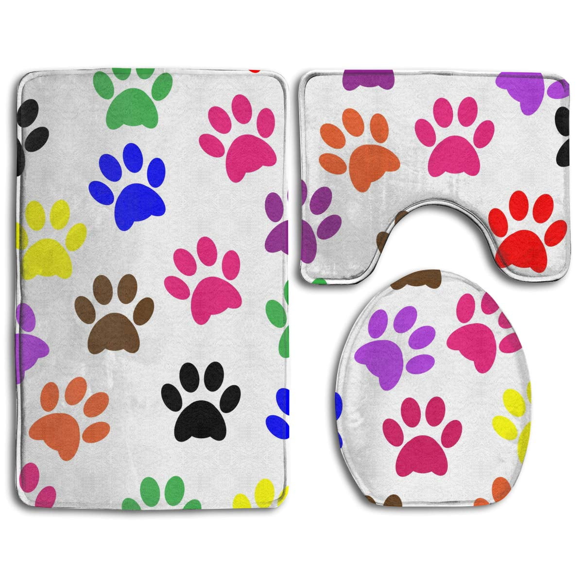 CHAPLLE Colorful Paw Prints 3 Piece Bathroom Rugs Set Bath Rug Contour ...
