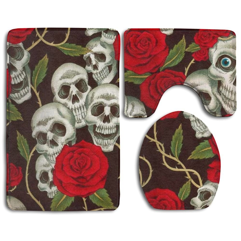 CHAPLLE Cool Skull And Roses 3 Piece Bathroom Rugs Set Bath Rug Contour ...