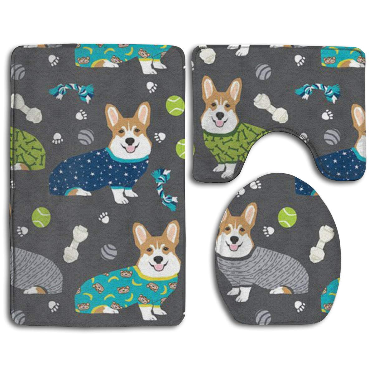 CHAPLLE Corgi Fabric Corgis in Pajamas 3 Piece Bathroom Rugs Set Bath ...