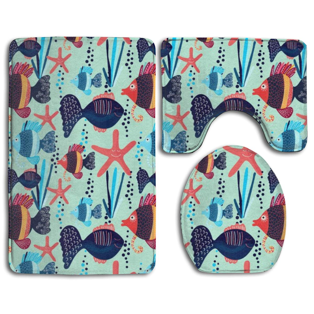 CHAPLLE Cute Fish 3 Piece Bathroom Rugs Set Bath Rug Contour Mat and ...