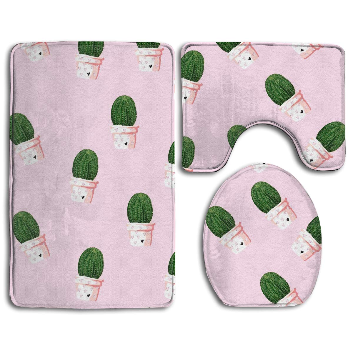CHAPLLE Cute Pink Cactus 3 Piece Bathroom Rugs Set Bath Rug Contour Mat ...
