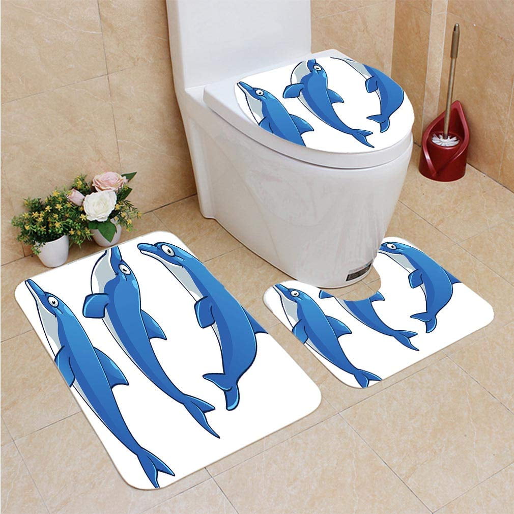 CHAPLLE Dolphin Cartoon 3 Piece Bathroom Rugs Set Bath Rug Contour Mat ...