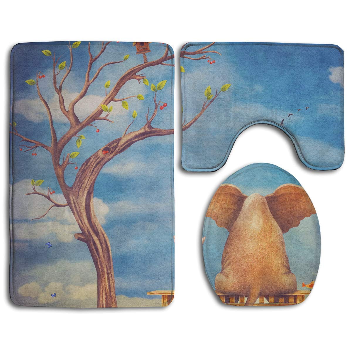 CHAPLLE Elephant and Rabbit Sitting On A Bench 3 Piece Bathroom Rugs ...