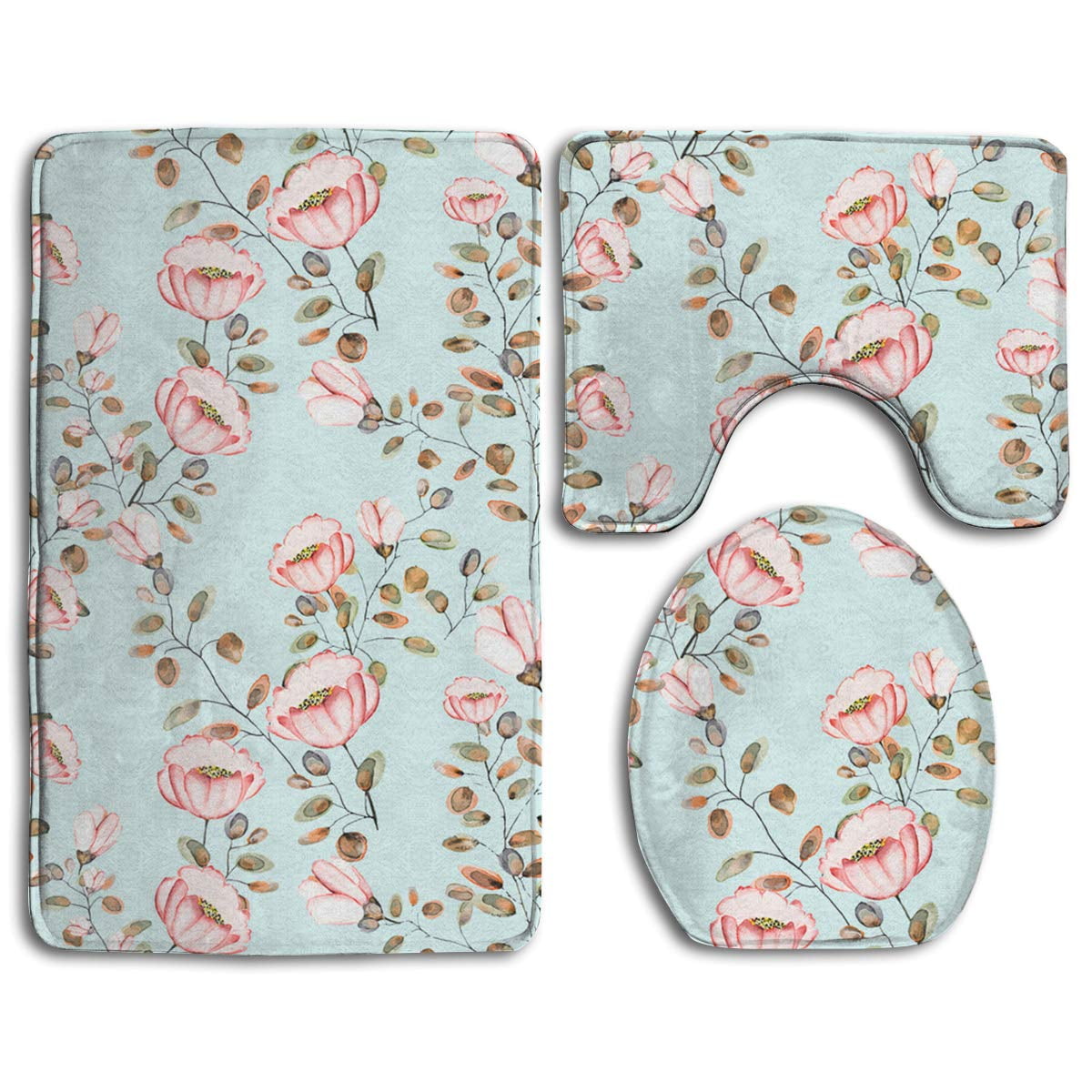 CHAPLLE Flower Mint 3 Piece Bathroom Rugs Set Bath Rug Contour Mat and ...