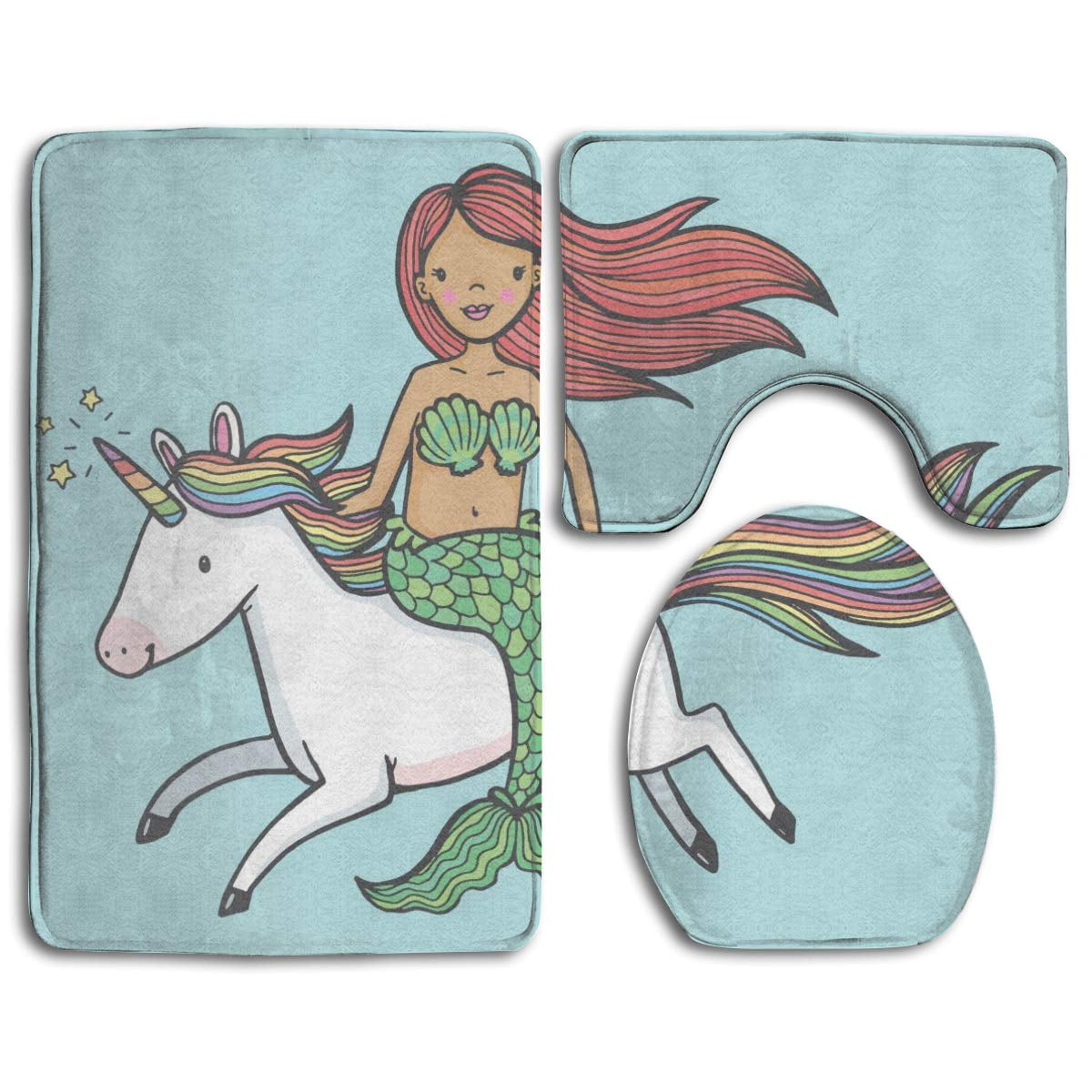CHAPLLE Funny Mermaid Unicorn Rainbow 3 Piece Bathroom Rugs Set Bath ...