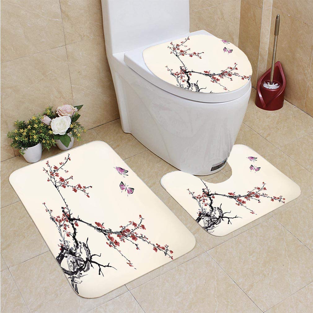 CHAPLLE Ink Style Butterfly Winter Sweet 3 Piece Bathroom Rugs Set Bath ...