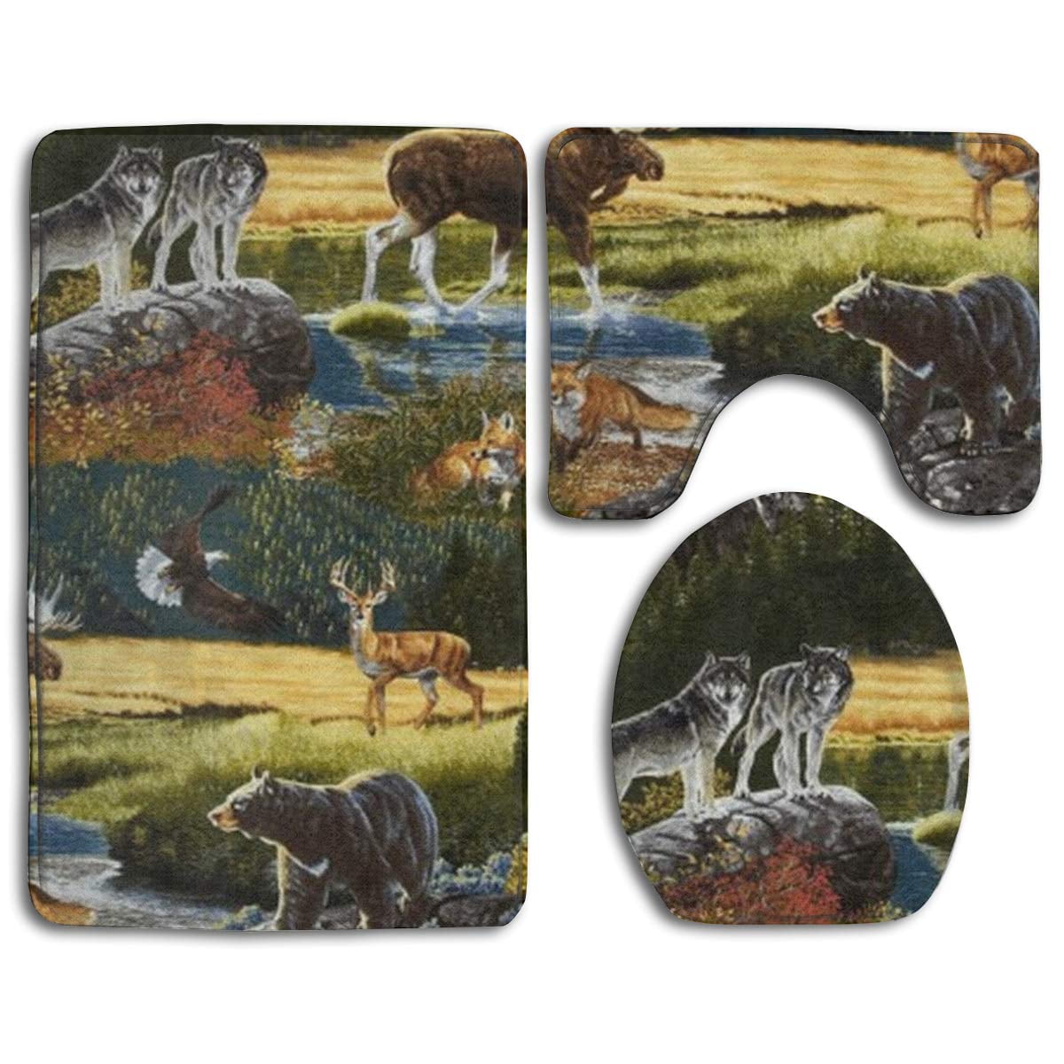 CHAPLLE Mountain Wildlife Nature Bear Moose 3 Piece Bathroom Rugs Set ...