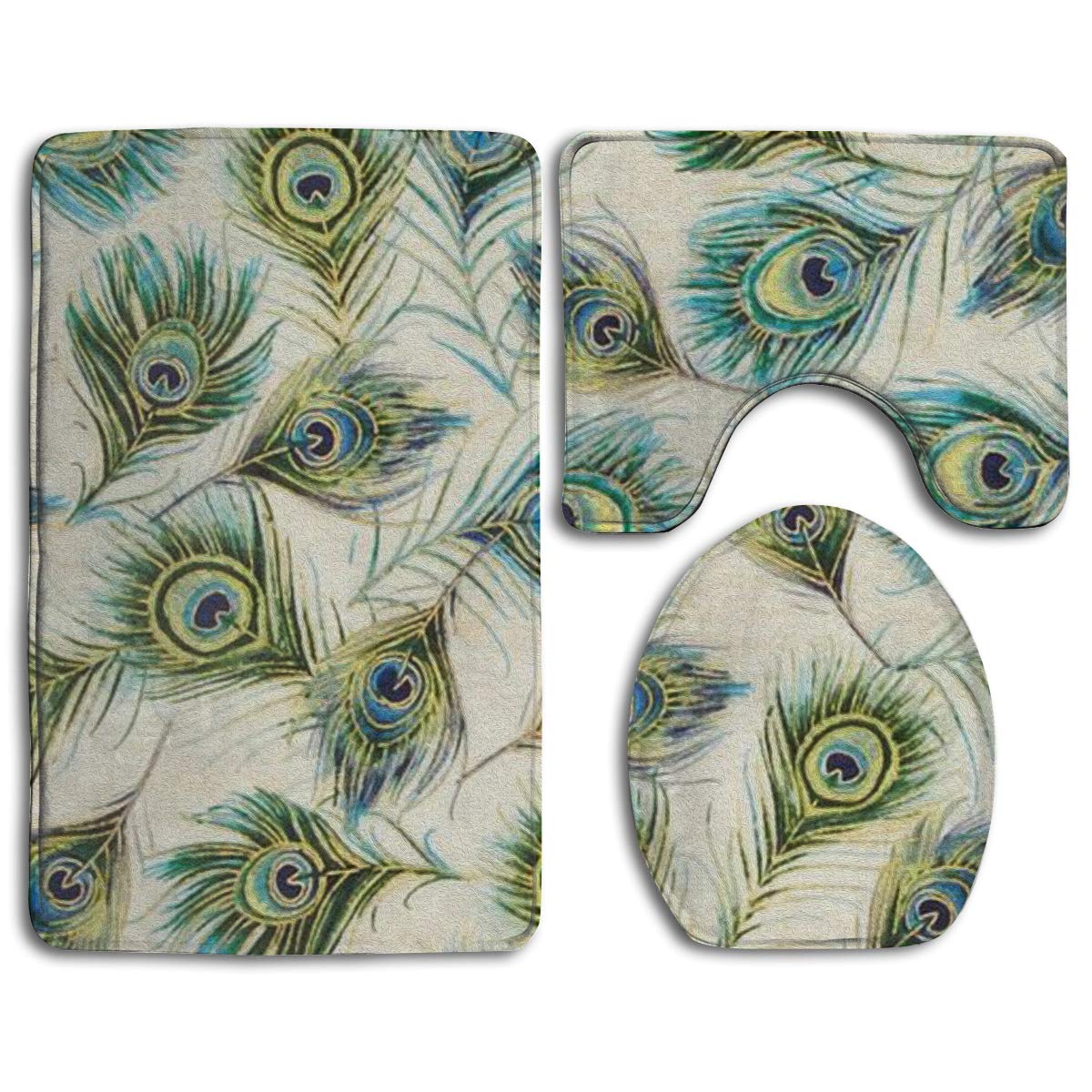 CHAPLLE Peacock Feather 3 Piece Bathroom Rugs Set Bath Rug Contour Mat ...