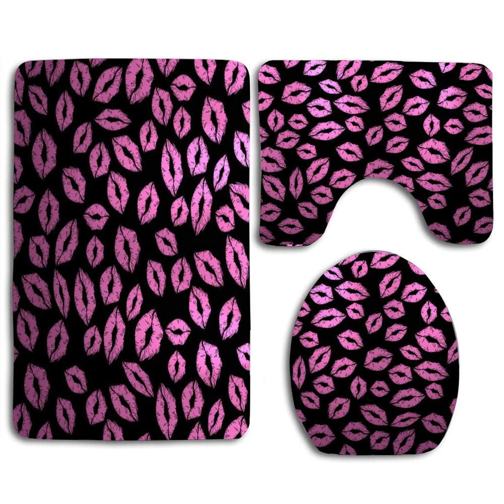 CHAPLLE Pink Lips Kiss 3 Piece Bathroom Rugs Set Bath Rug Contour Mat ...
