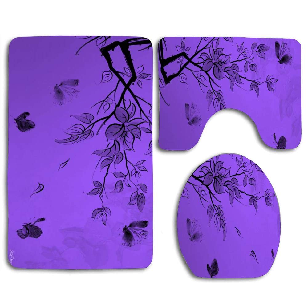 CHAPLLE Purple Butterflies 3 Piece Bathroom Rugs Set Bath Rug Contour ...