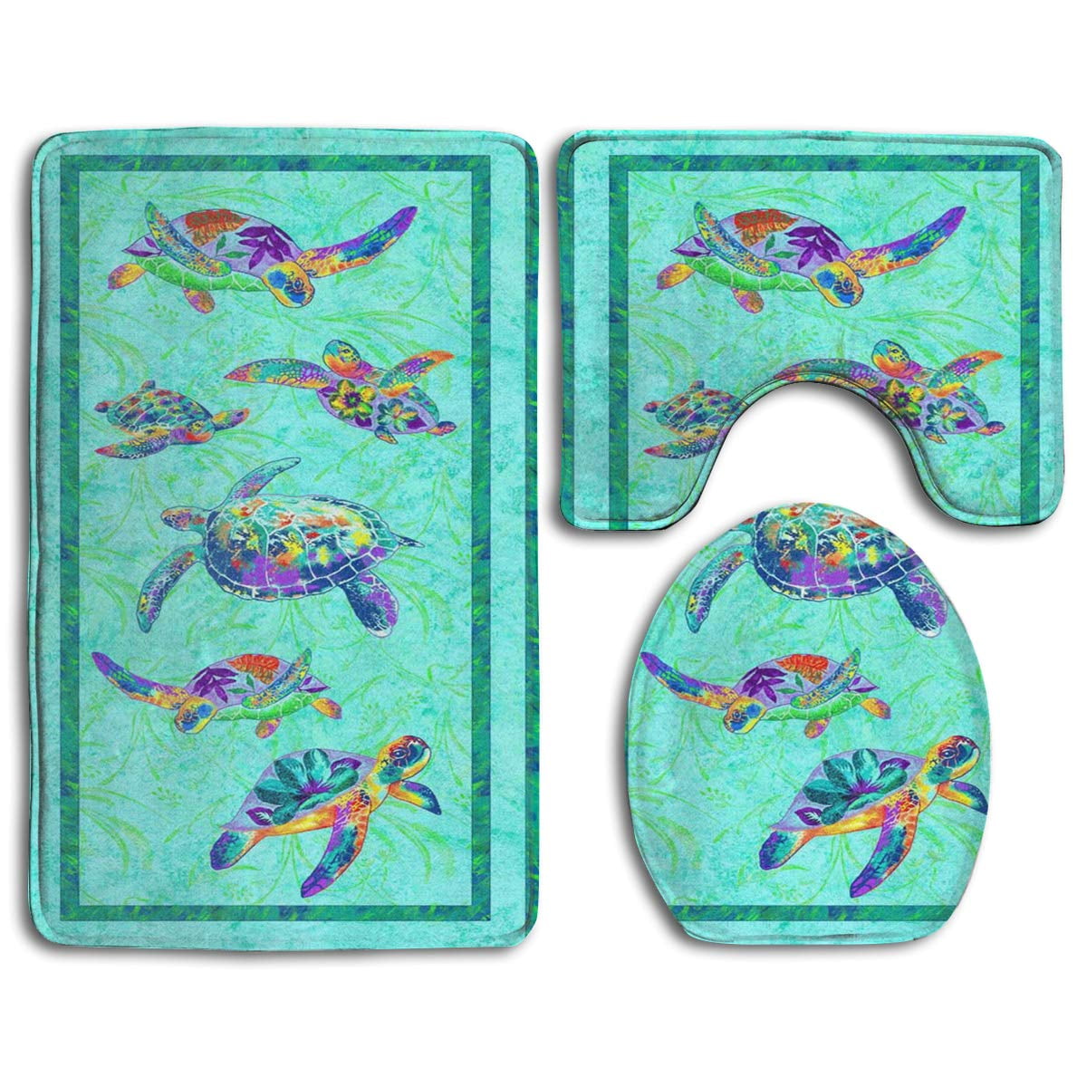 CHAPLLE Sea Turtle Art 3 Piece Bathroom Rugs Set Bath Rug Contour Mat ...