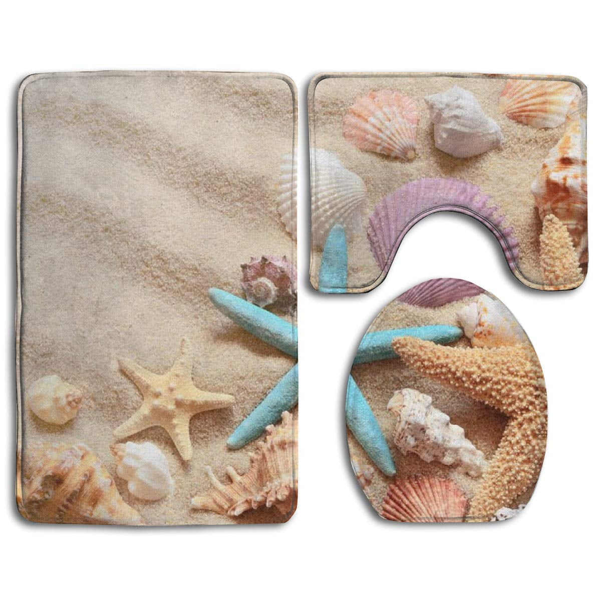 CHAPLLE Seashells Starfish 3 Piece Bathroom Rugs Set Bath Rug Contour ...