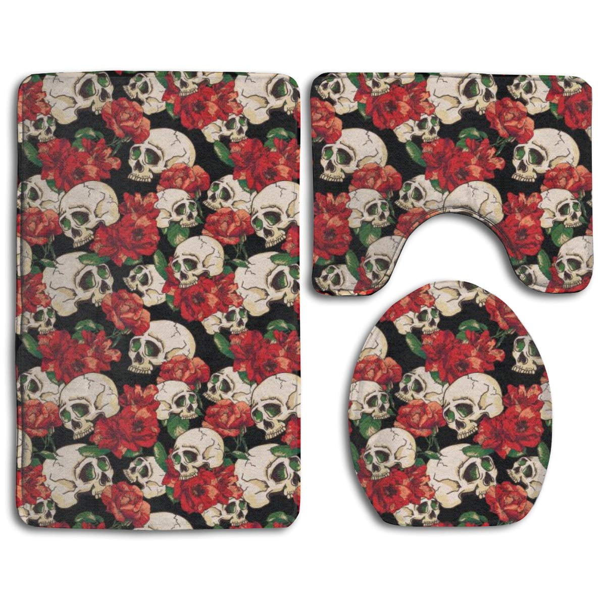 CHAPLLE Skull and Flower 3 Piece Bathroom Rugs Set Bath Rug Contour Mat ...