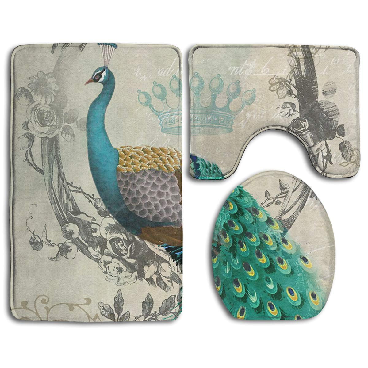 CHAPLLE Vintage Peacocks 3 Piece Bathroom Rugs Set Bath Rug Contour Mat ...