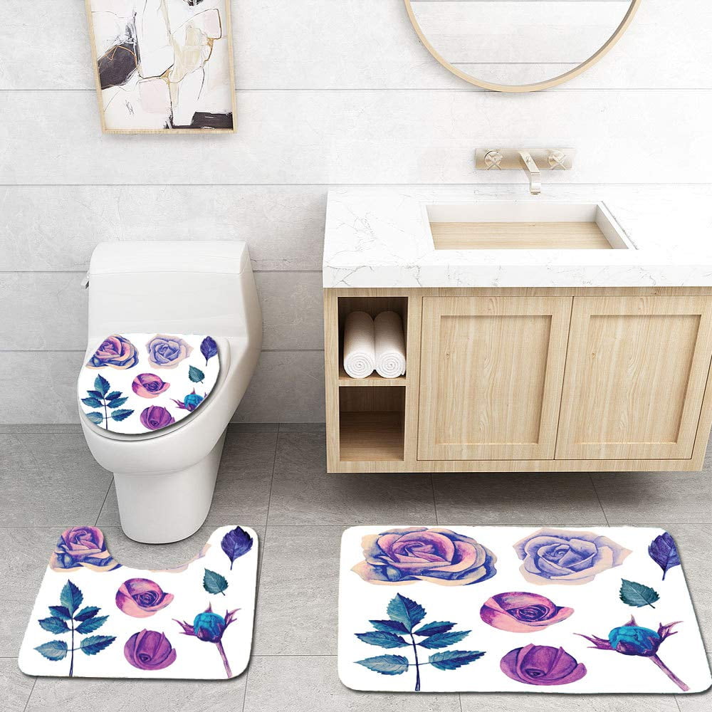 CHAPLLE Watercolor Blue Roses Isolated 3 Piece Bathroom Rugs Set Bath ...