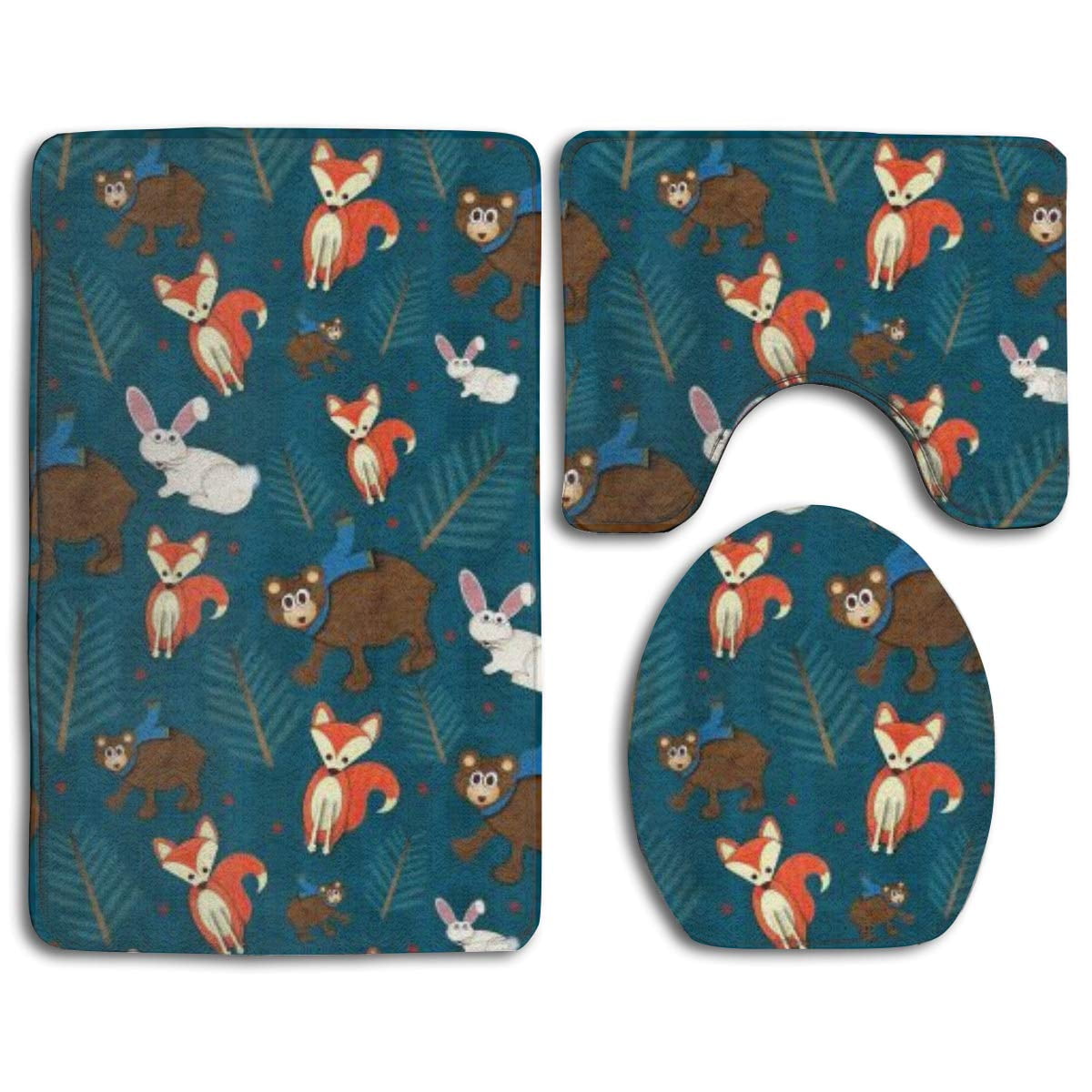 CHAPLLE Woodland Winter Fox Bear Rabbit 3 Piece Bathroom Rugs Set Bath ...