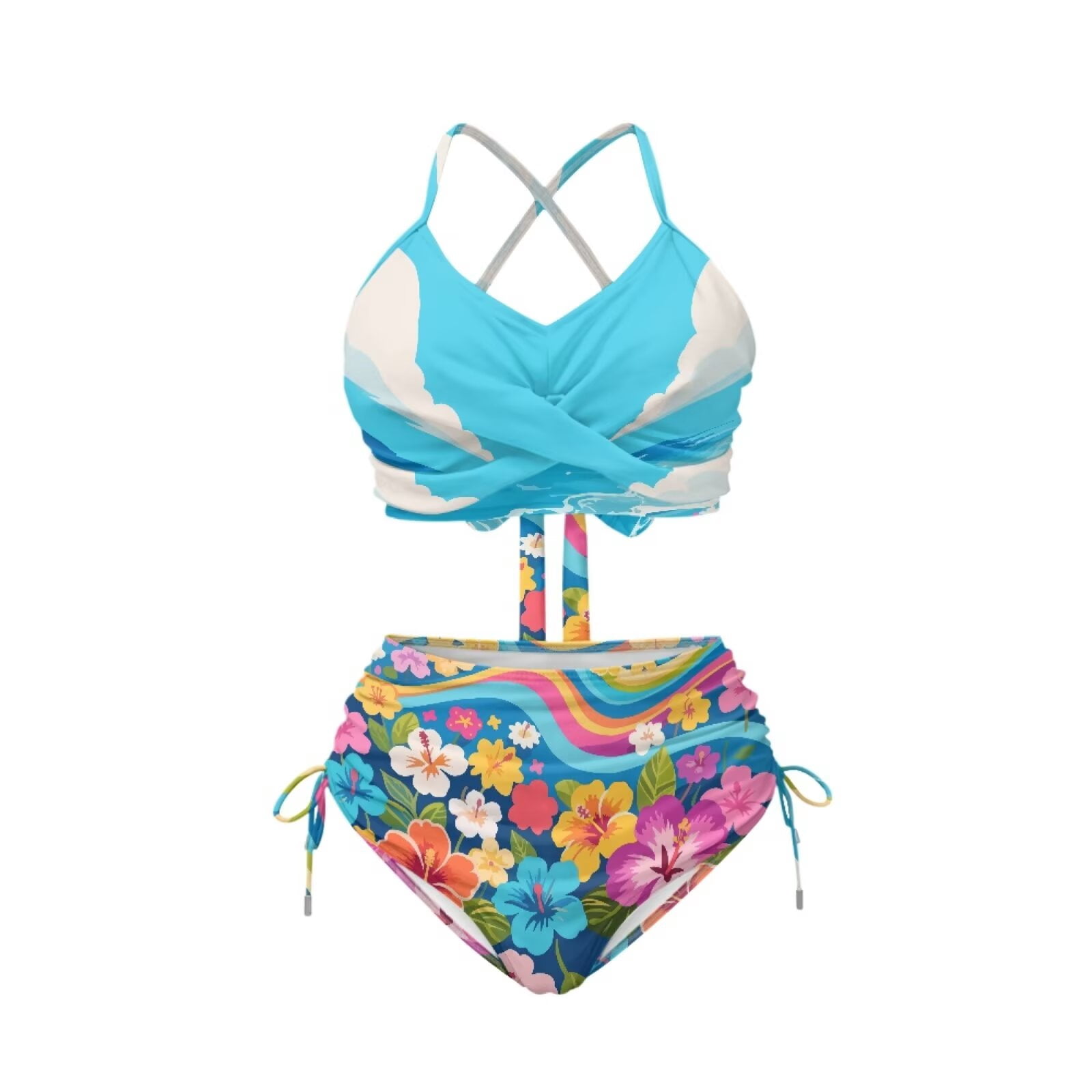 CHAQLIN Blue Hibiscus Floral Swimsuit Bikini Top Bottom for Women Two ...
