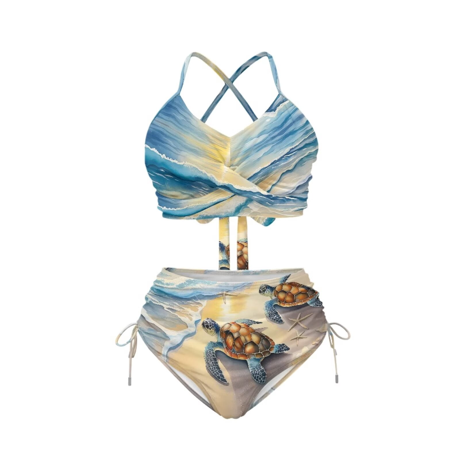 CHAQLIN Blue Sea Turtle Beach Swimsuit Set 2 Piece Bikini Crisscross ...