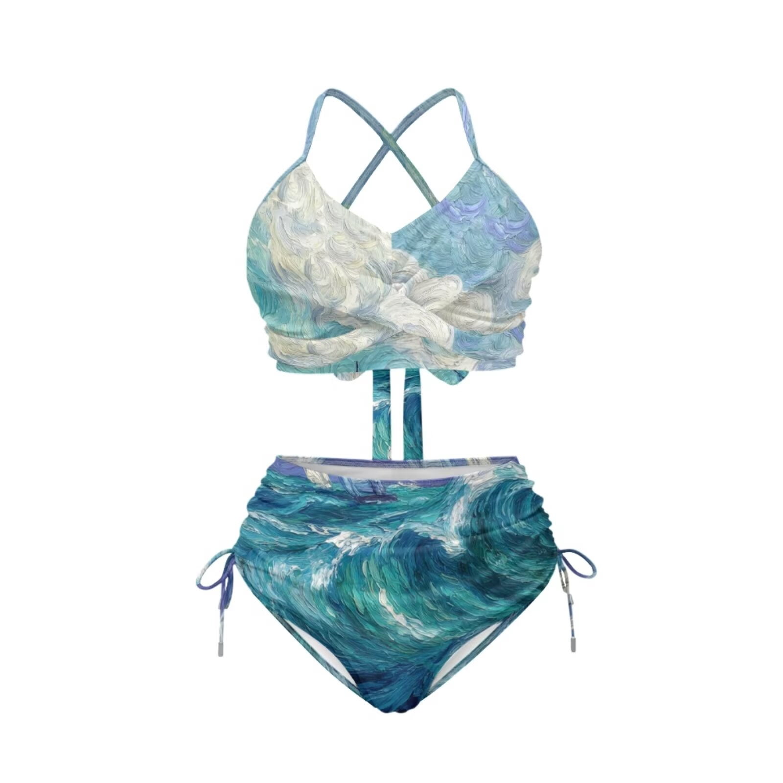 CHAQLIN Blue Wave Two Piece Bikini Set for Women Halter Swimsuit Twist ...