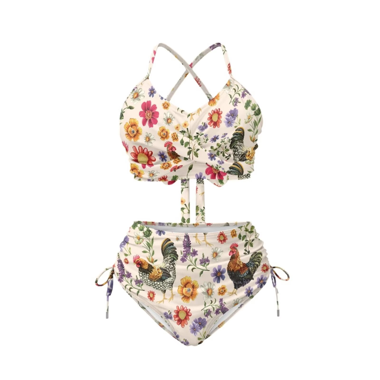 CHAQLIN Chicken Flowers Beige High Waisted Swimsuit Set for Women Two ...