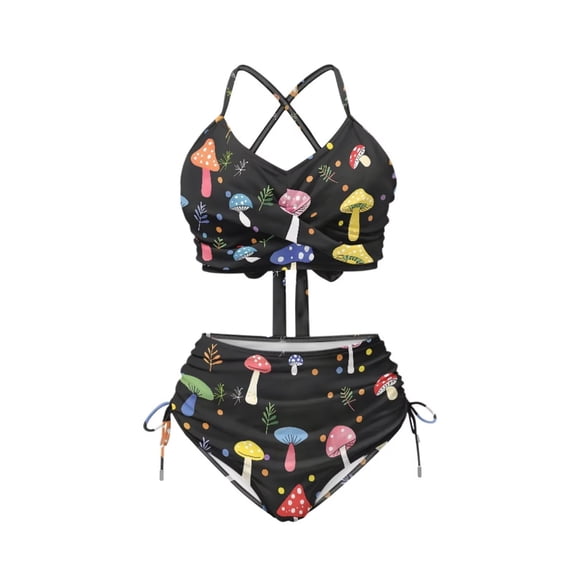 CHAQLIN Colorful Mushroom Black Bikini Swimsuit Set for Women High ...