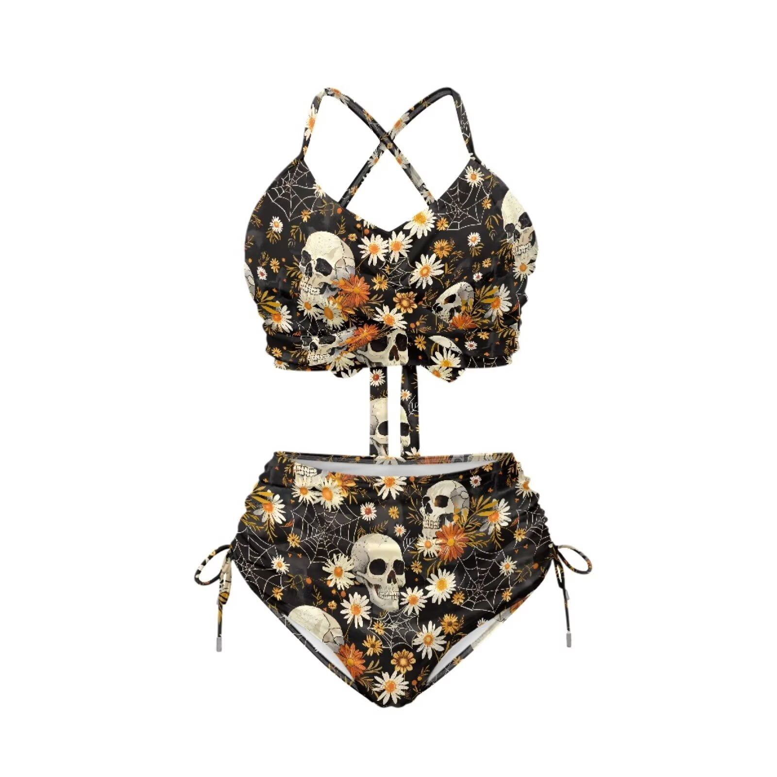 CHAQLIN Gothic Skull Daisy Black 2 Piece Bikini Set for Women Tie Knot ...