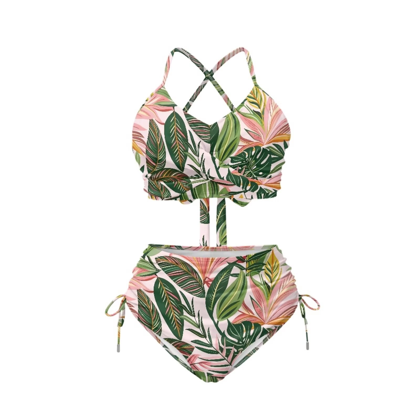 CHAQLIN Green Pink Monstera Leaves Bathing Suit High Waisted Bikini ...