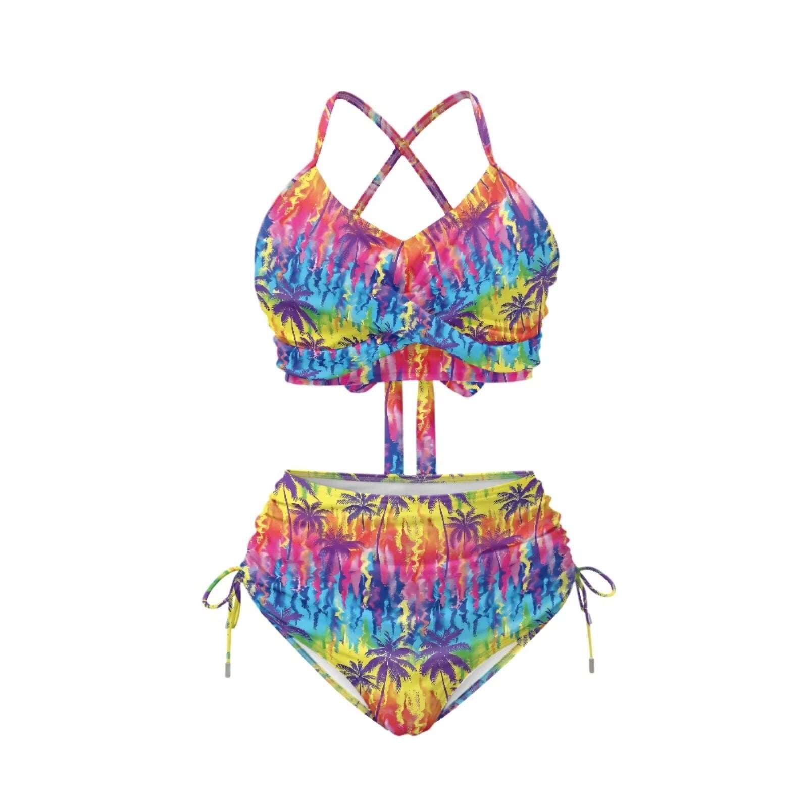 CHAQLIN Hawaii Palm Tree Rainbow Two Piece Bathing Suit Set for Women ...