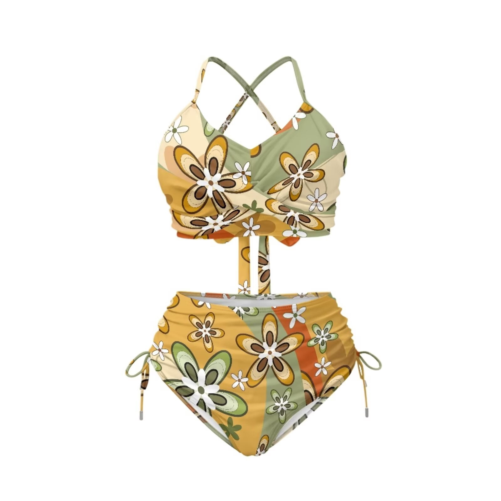 CHAQLIN Hippie Flower Bathing Suit Yellow Green Swirls Swimsuit Bikini ...